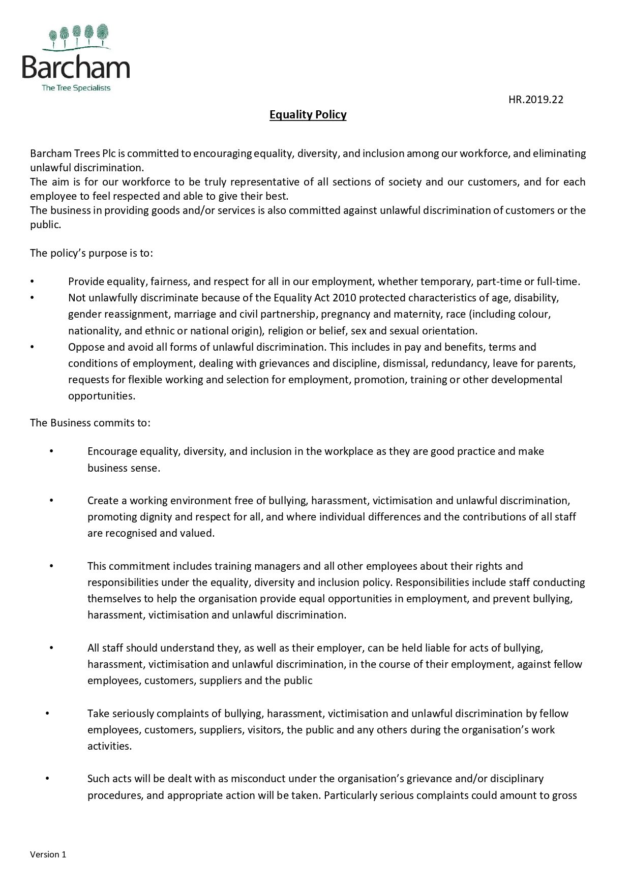 Equality Policy - Barcham Pro